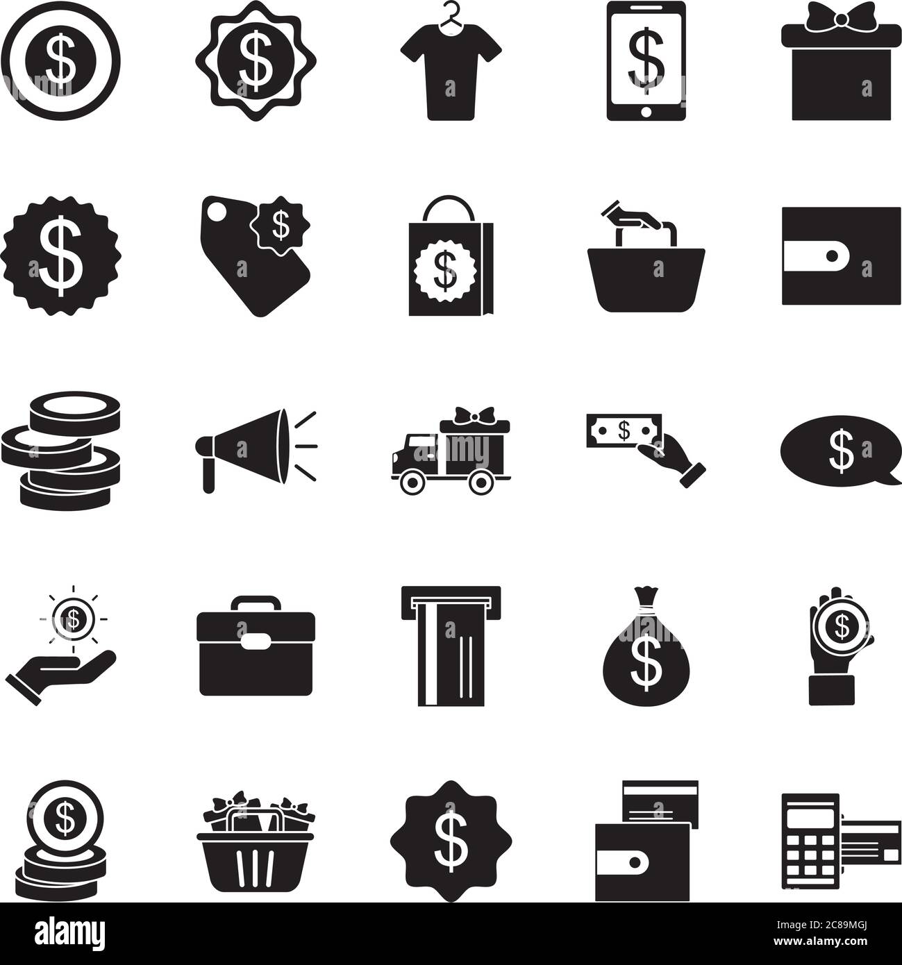 icon set of money and shopping over white background, silhouette style ...