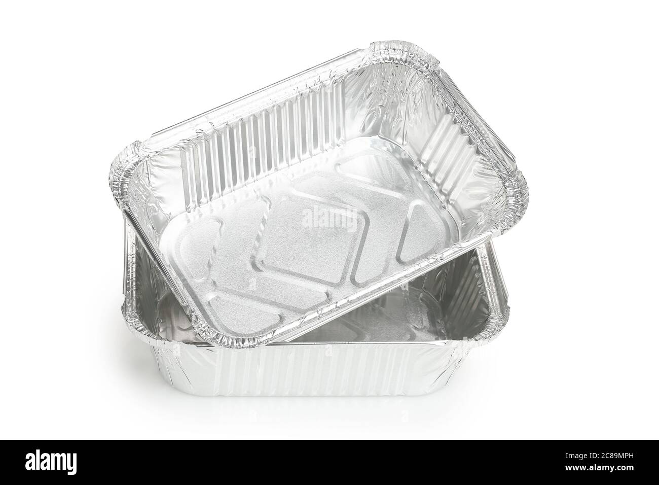 two aluminum lunch boxes or trays isolated on white Stock Photo - Alamy