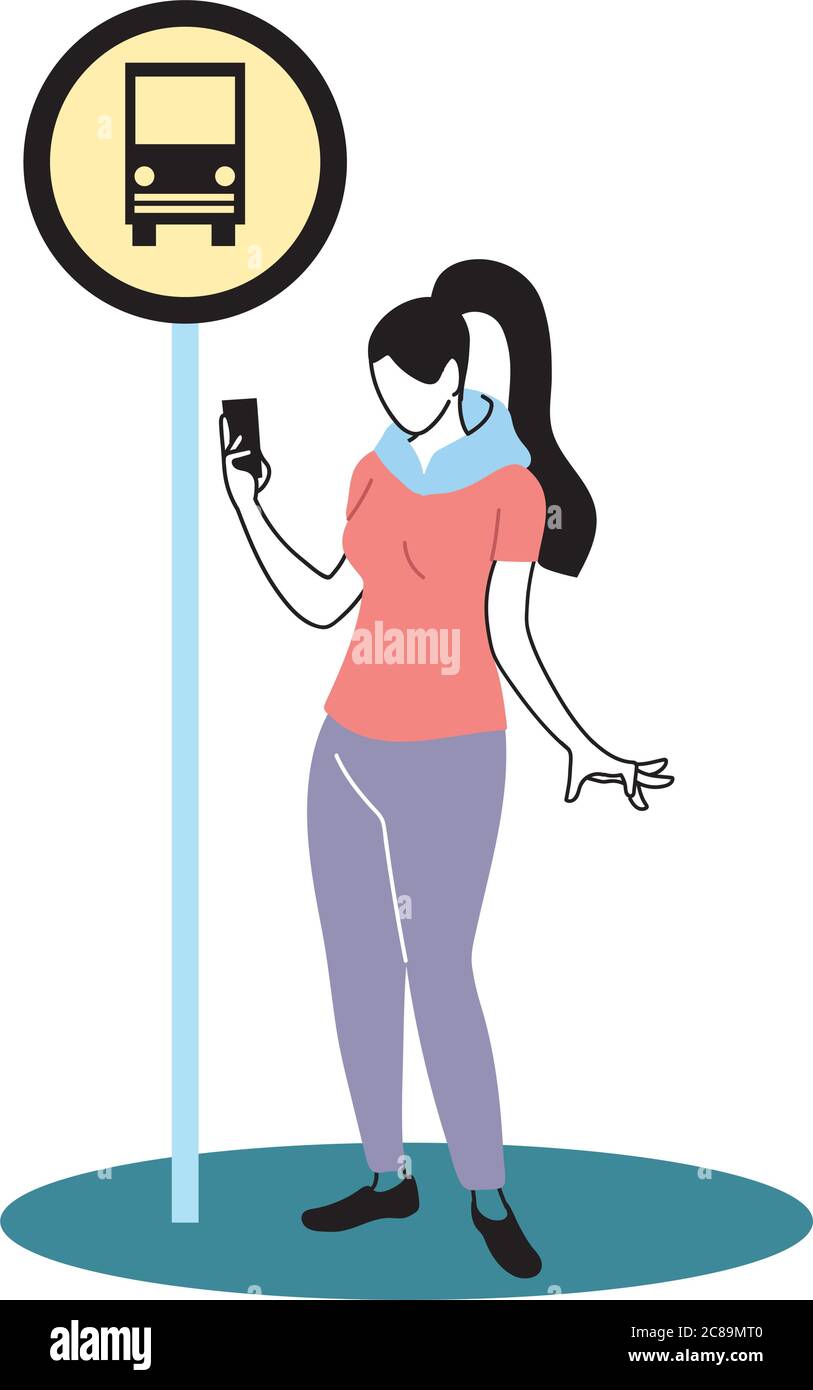 Young woman staying at the bus stop with the cell phone vector ...