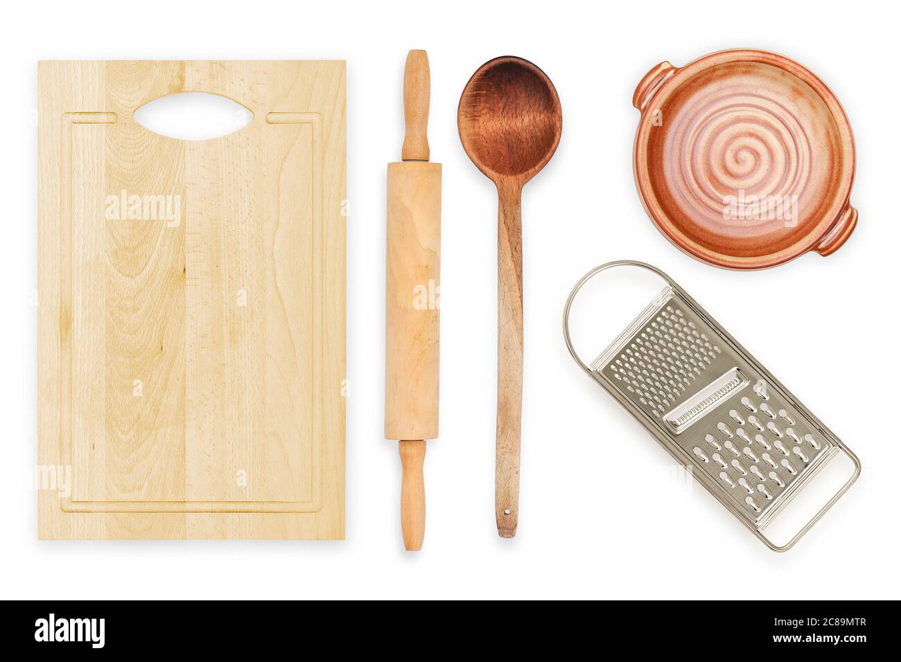 number of kitchen utensils isolated on white, top view Stock Photo - Alamy