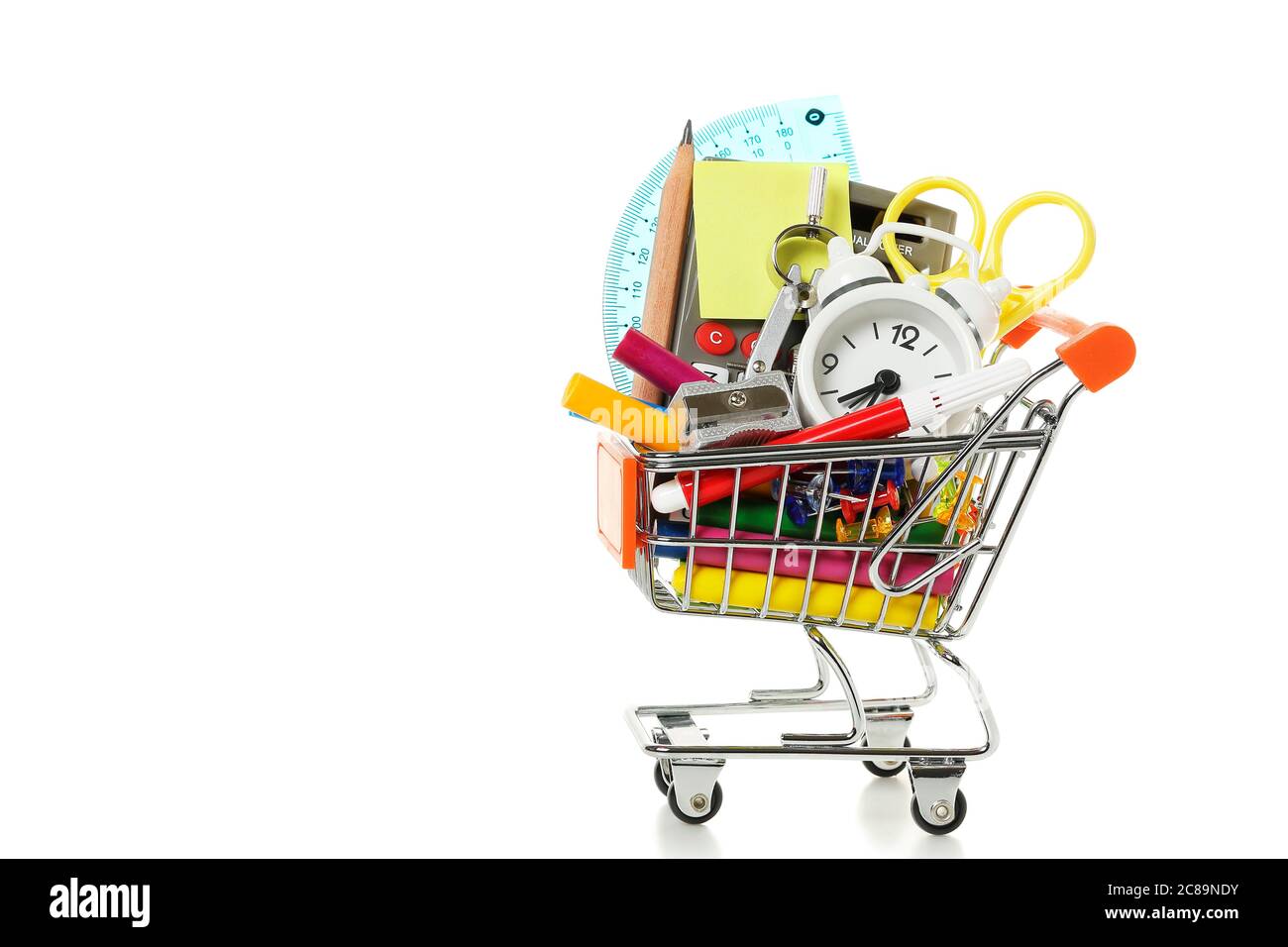 shopping cart with school supplies isolated on white Stock Photo - Alamy