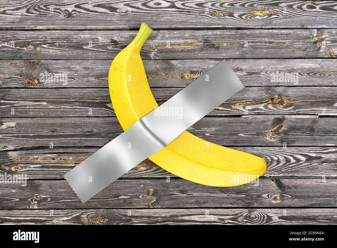 Single Ripe Yellow Banana Duct Taped to Wooden Rustic Plank Wall ...