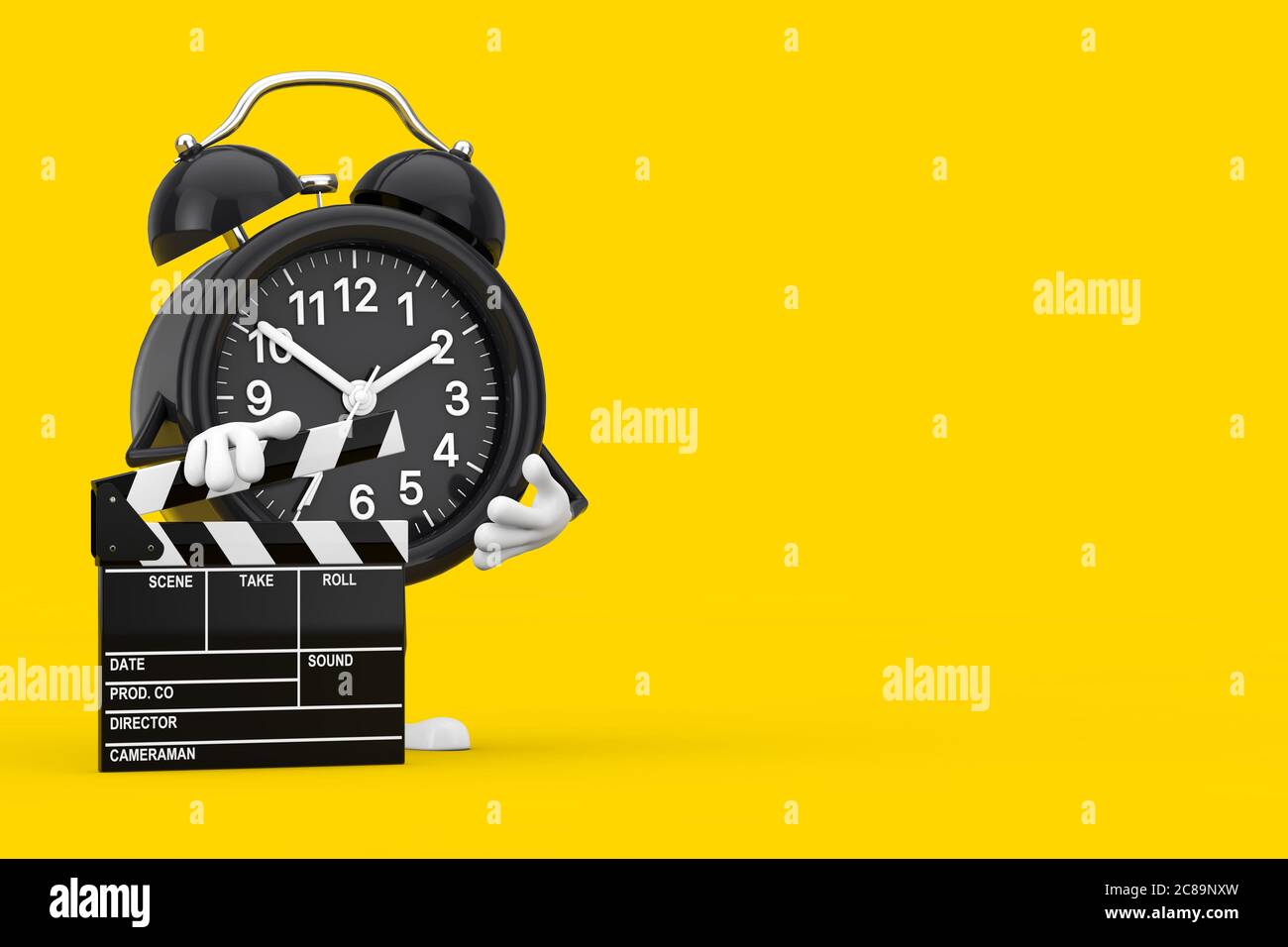 Alarm Clock Character Mascot with Novie Clapper Board on a yellow ...
