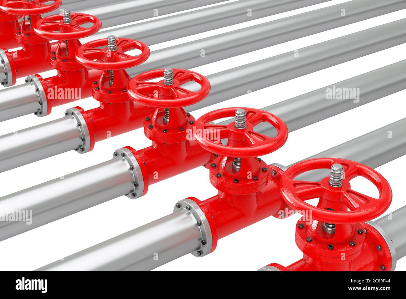 Rows of Gas Pipelines with Valves on a white background. 3d Rendering ...