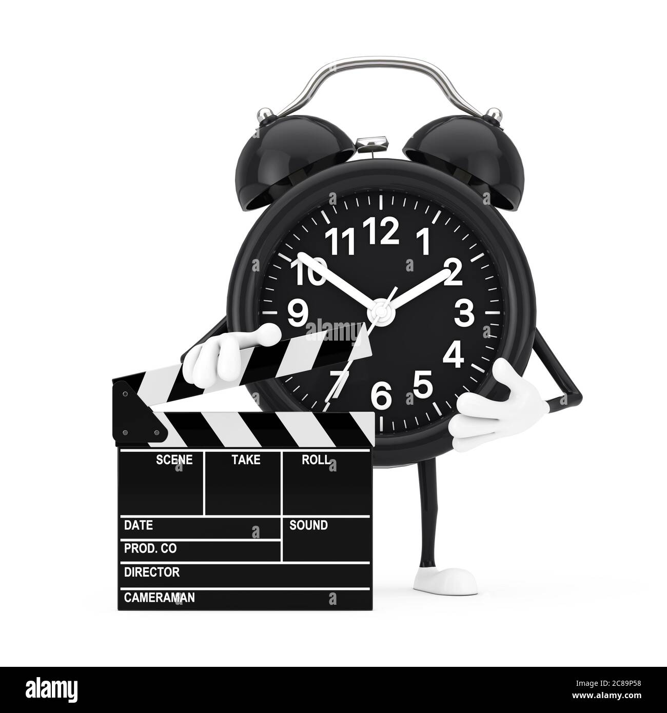 Alarm Clock Character Mascot with Novie Clapper Board on a white ...