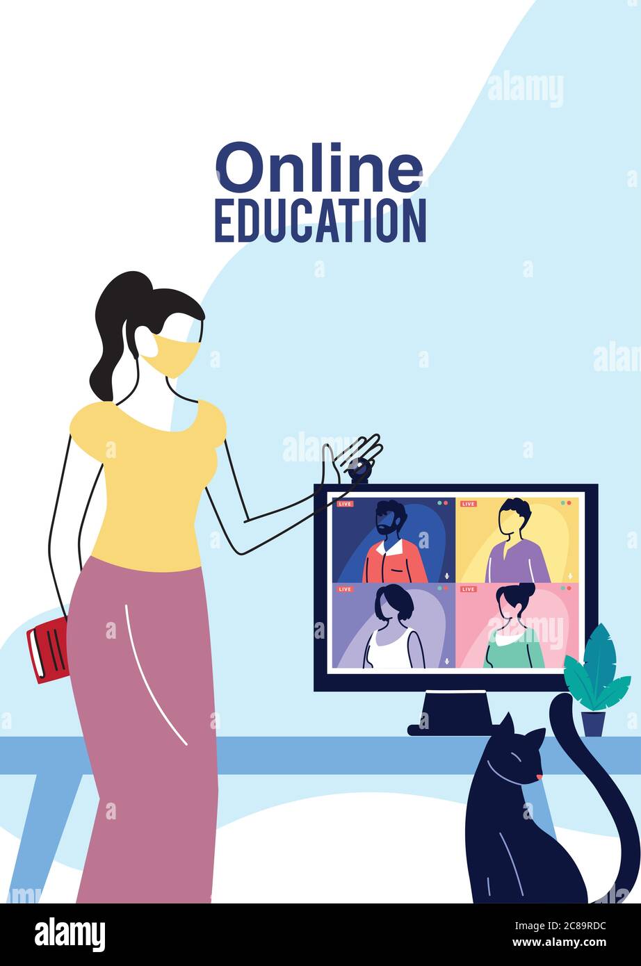 Teacher on screen giving online class to her students vector ...
