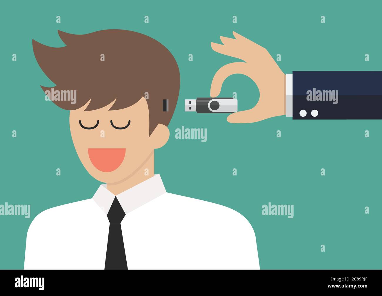 Hand holding usb flash drive to connect other businessman head. Vector ...