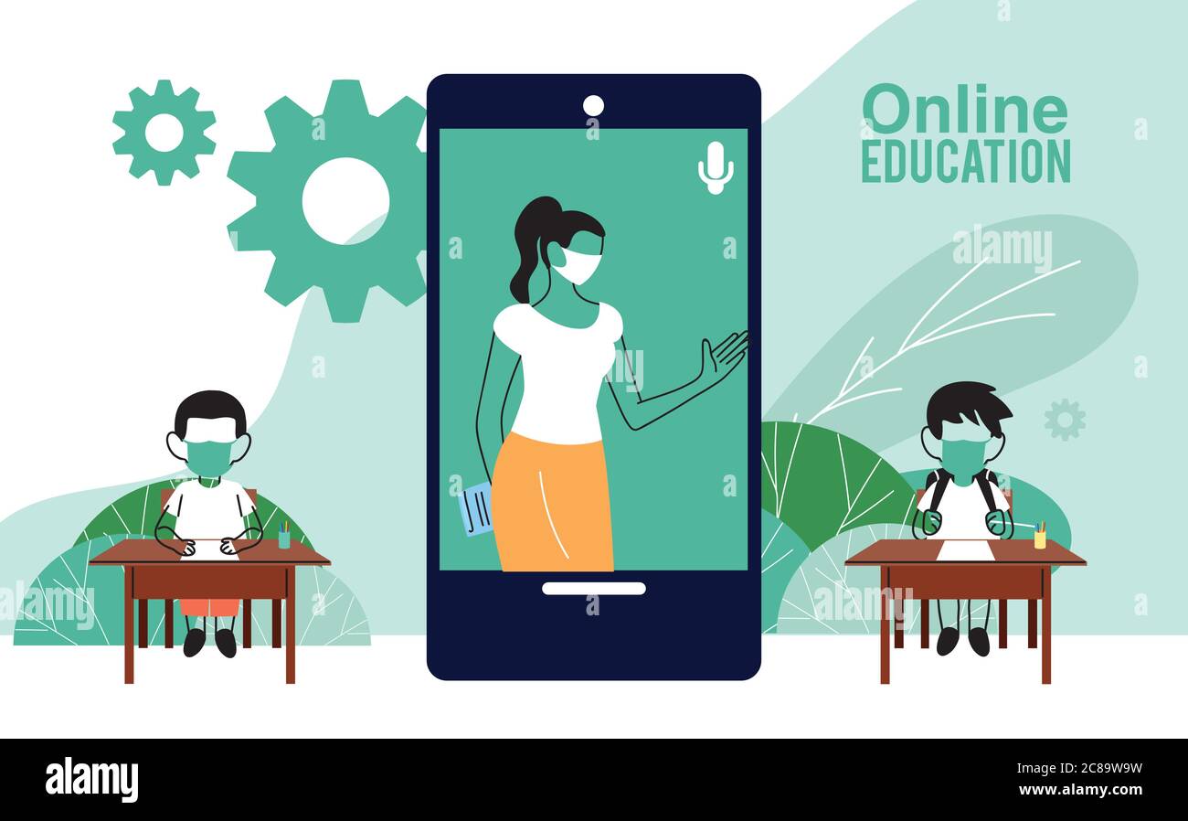 Teacher on screen giving online class to her students vector ...