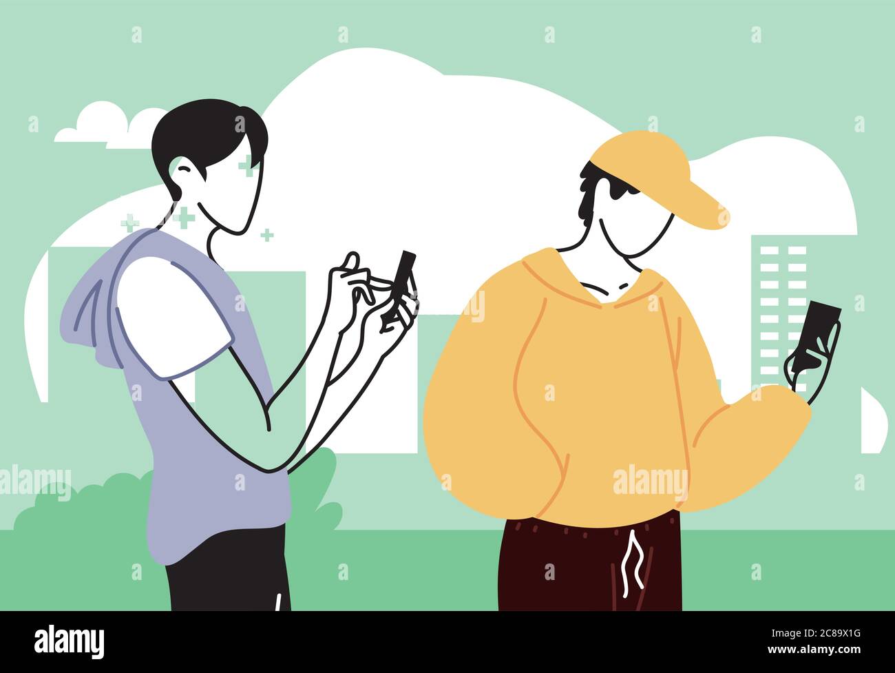 Young men checking the cell phone vector illustration design Stock ...