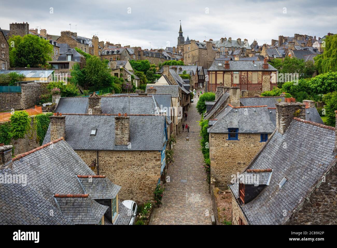 Aerial view of the medieval city of Dinan, with the clock tower in the ...