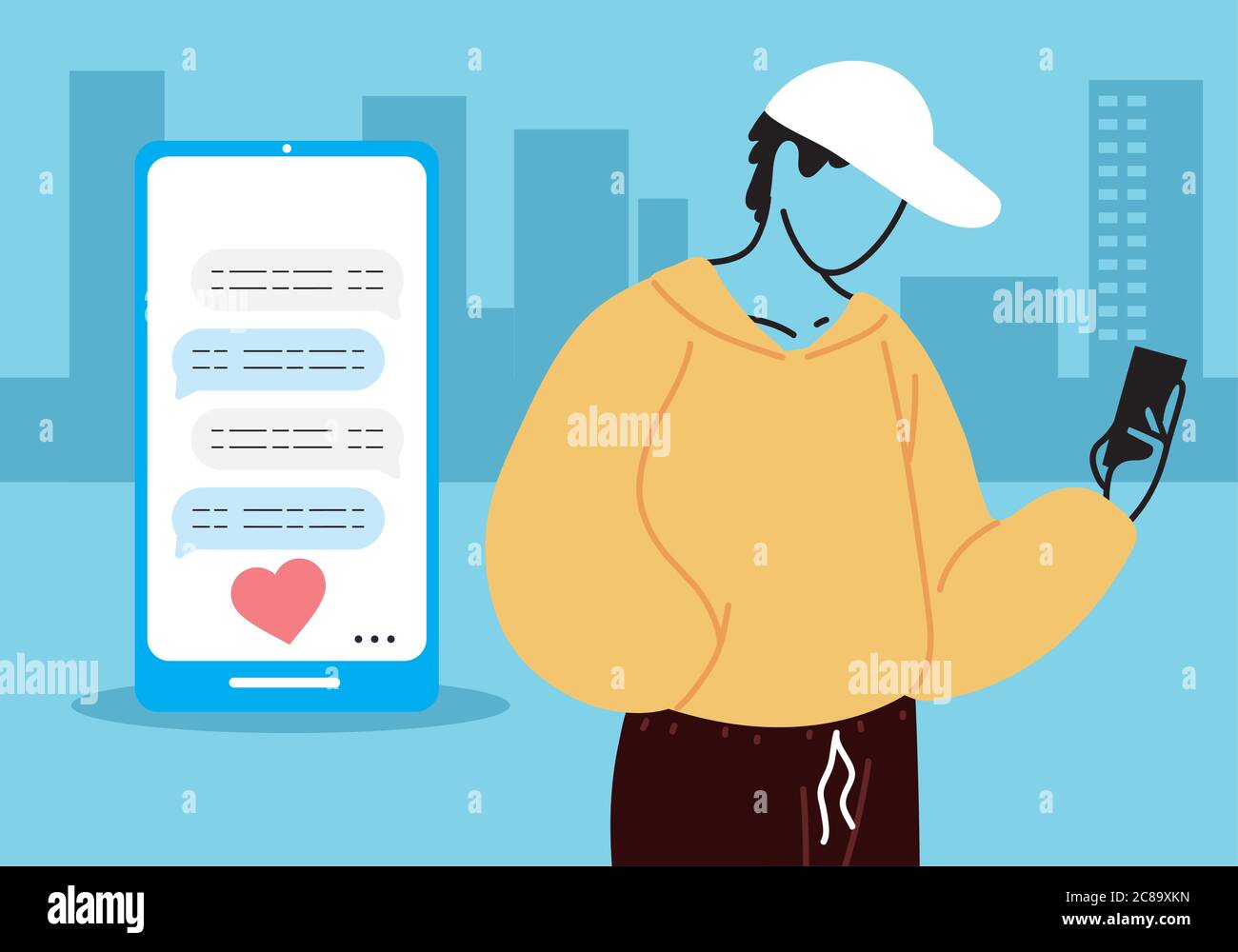 Young man in love texting on the cell phone vector illustration design ...