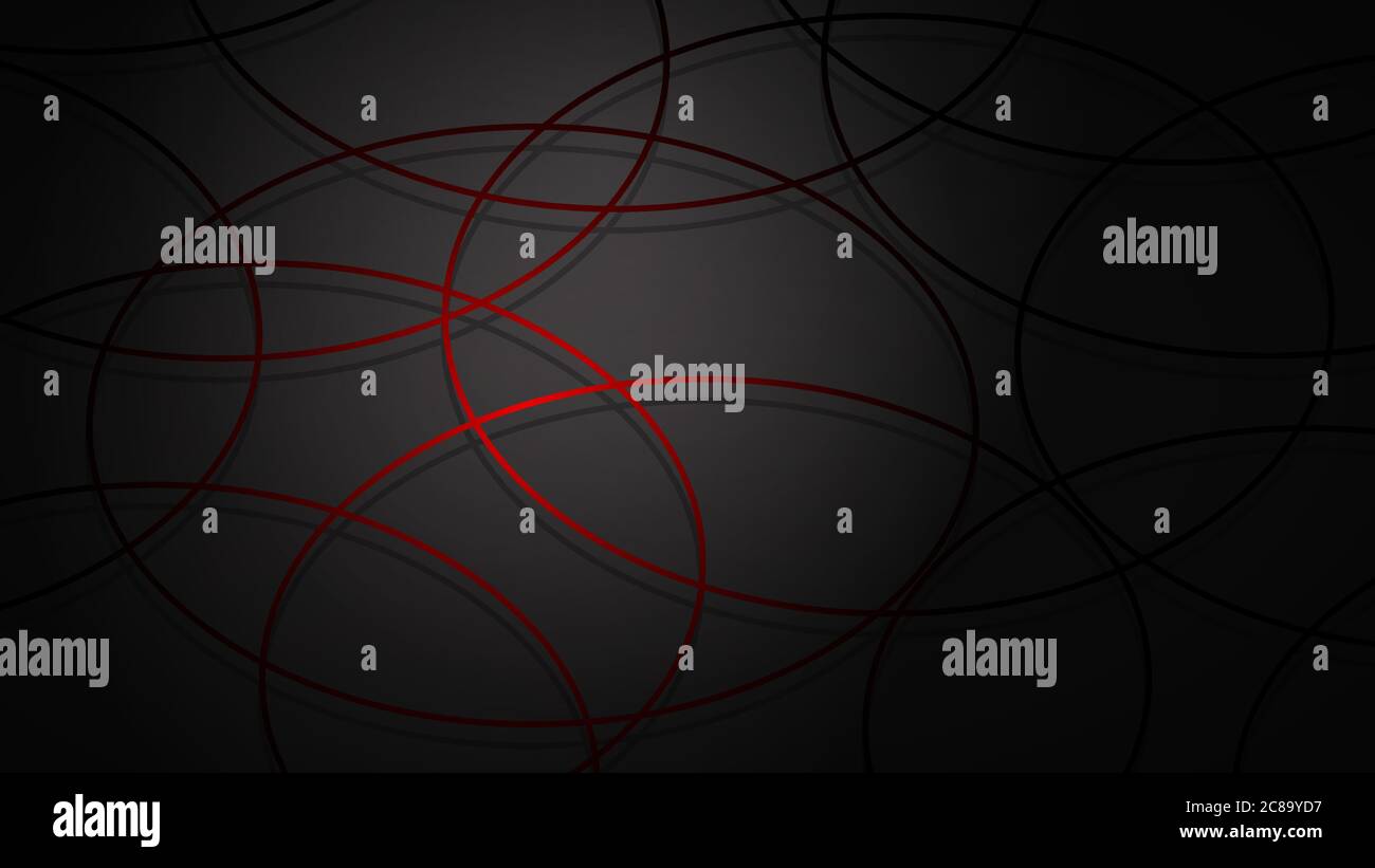 Abstract illustration of dark red intersecting circles with shadows on black background Stock ...