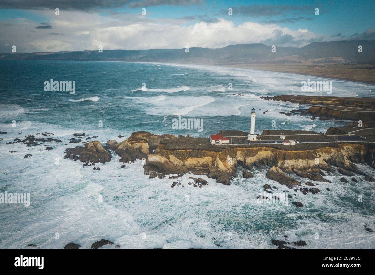 Lighthouse on the pacific coast from above, Point Arena, California ...