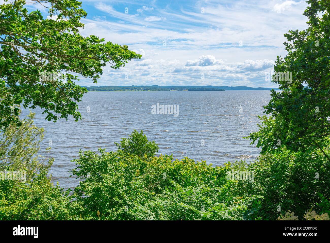 Nice view over a lake. Trees in the foreground Stock Photo - Alamy