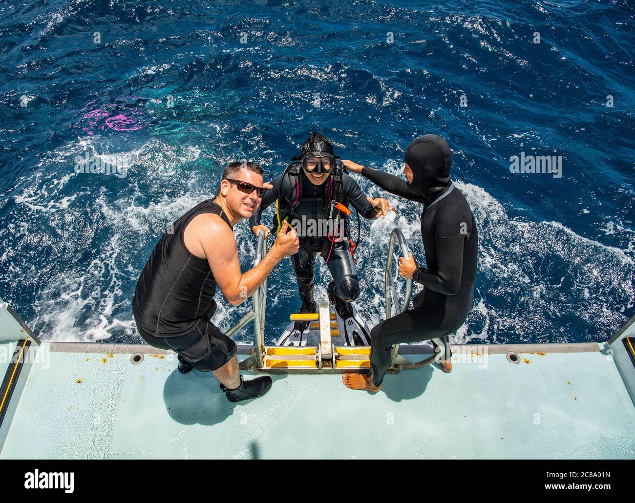 two friends helping diver back on board of dive boat Stock Photo - Alamy