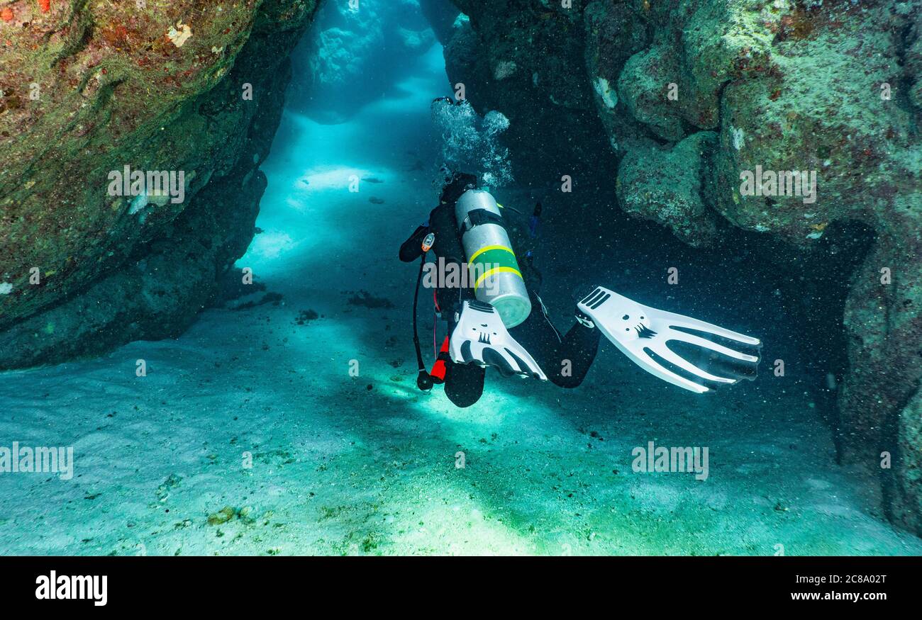 diver exploring cave at the great Barrier Reef Stock Photo - Alamy