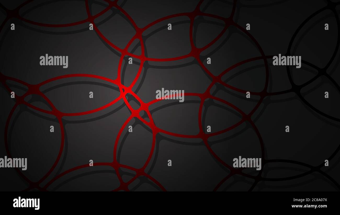 Abstract illustration of dark red intersecting circles with shadows on black background Stock ...