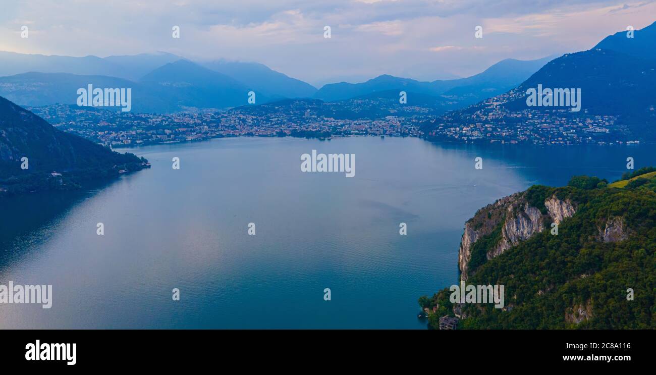Aerial view over the Lake Lugano in Switzerland - evening view Stock ...