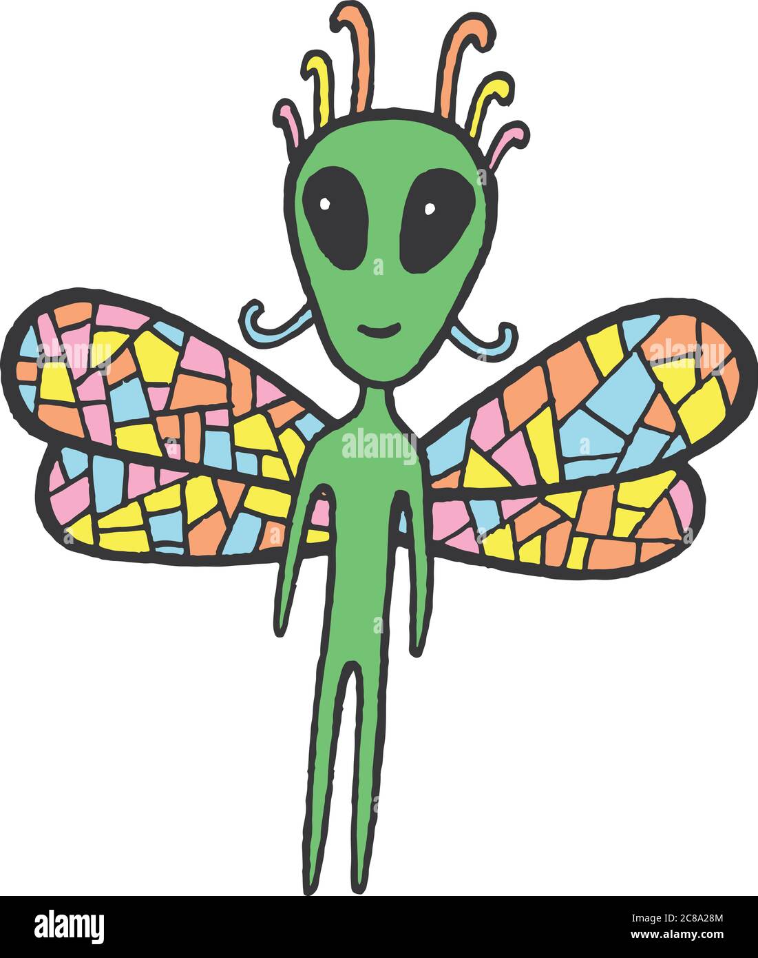 Fairy tales sticker with dragonfly alien. Cartoon funny vector art ...