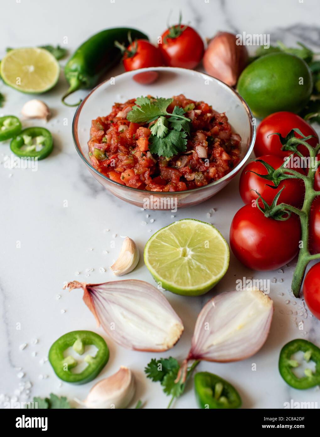 Bowl of fresh salsa with the ingredients on white marble counter Stock ...