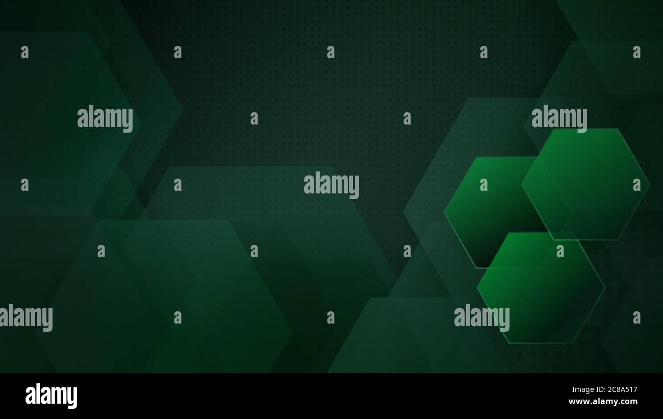 Abstract background of hexagons and halftone dots in dark green colors ...