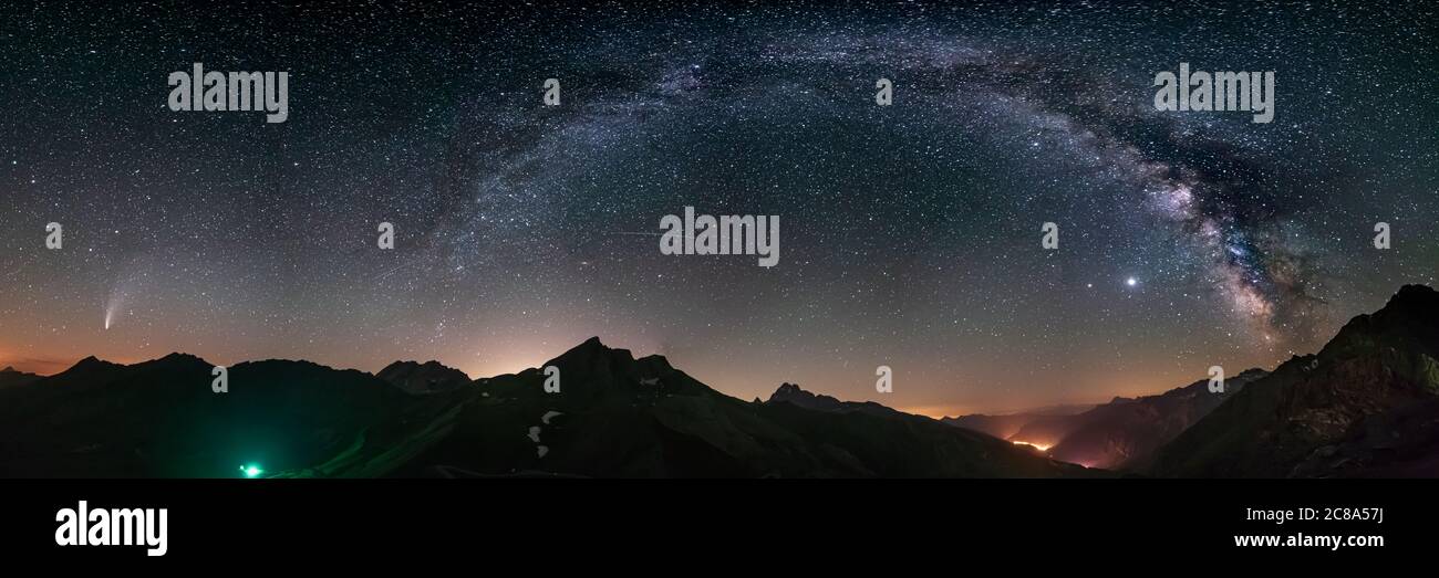 Milky Way arc and stars in night sky over the Alps. Outstanding Neowise ...