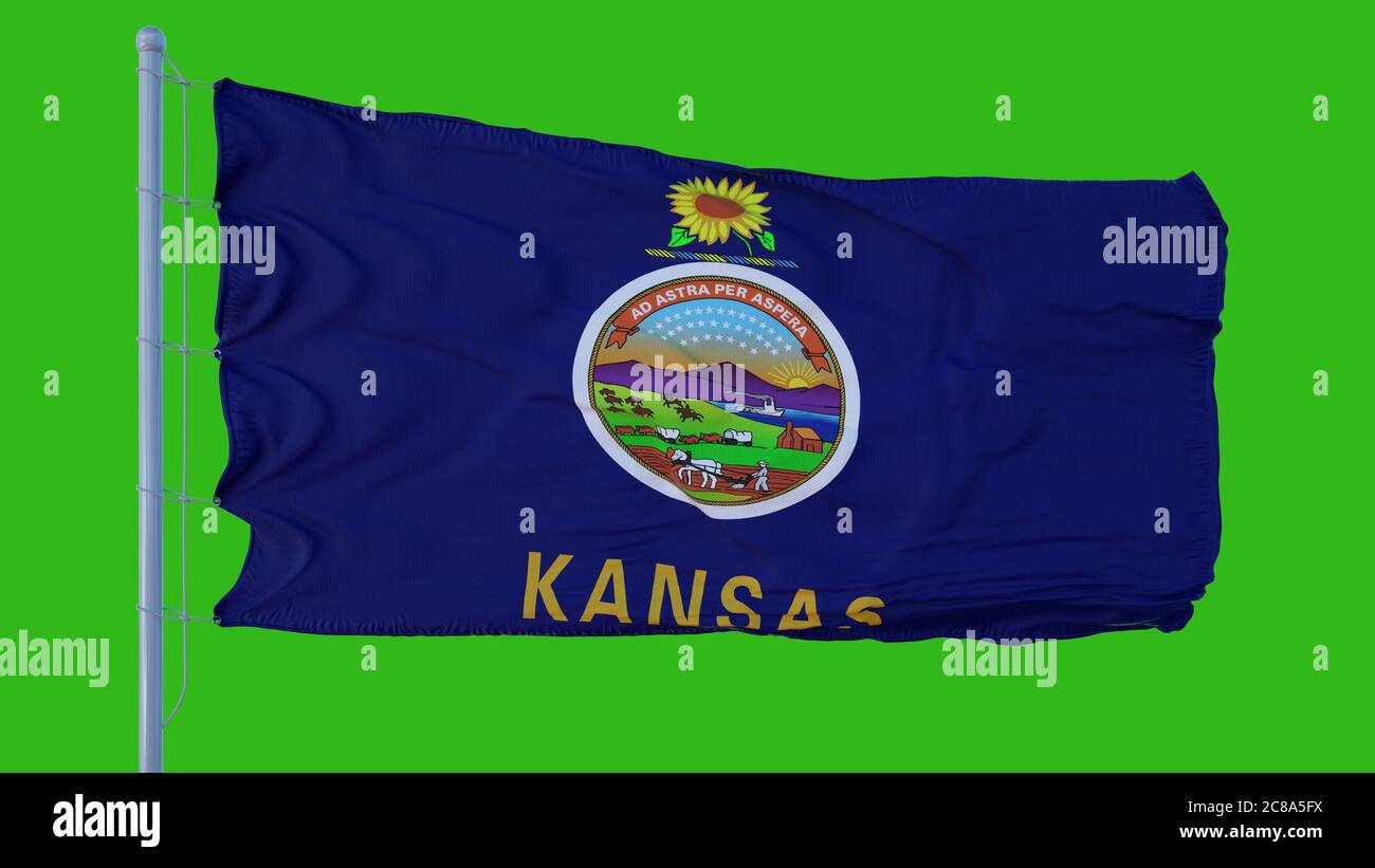 State flag of Kansas waving in the wind against green screen background ...