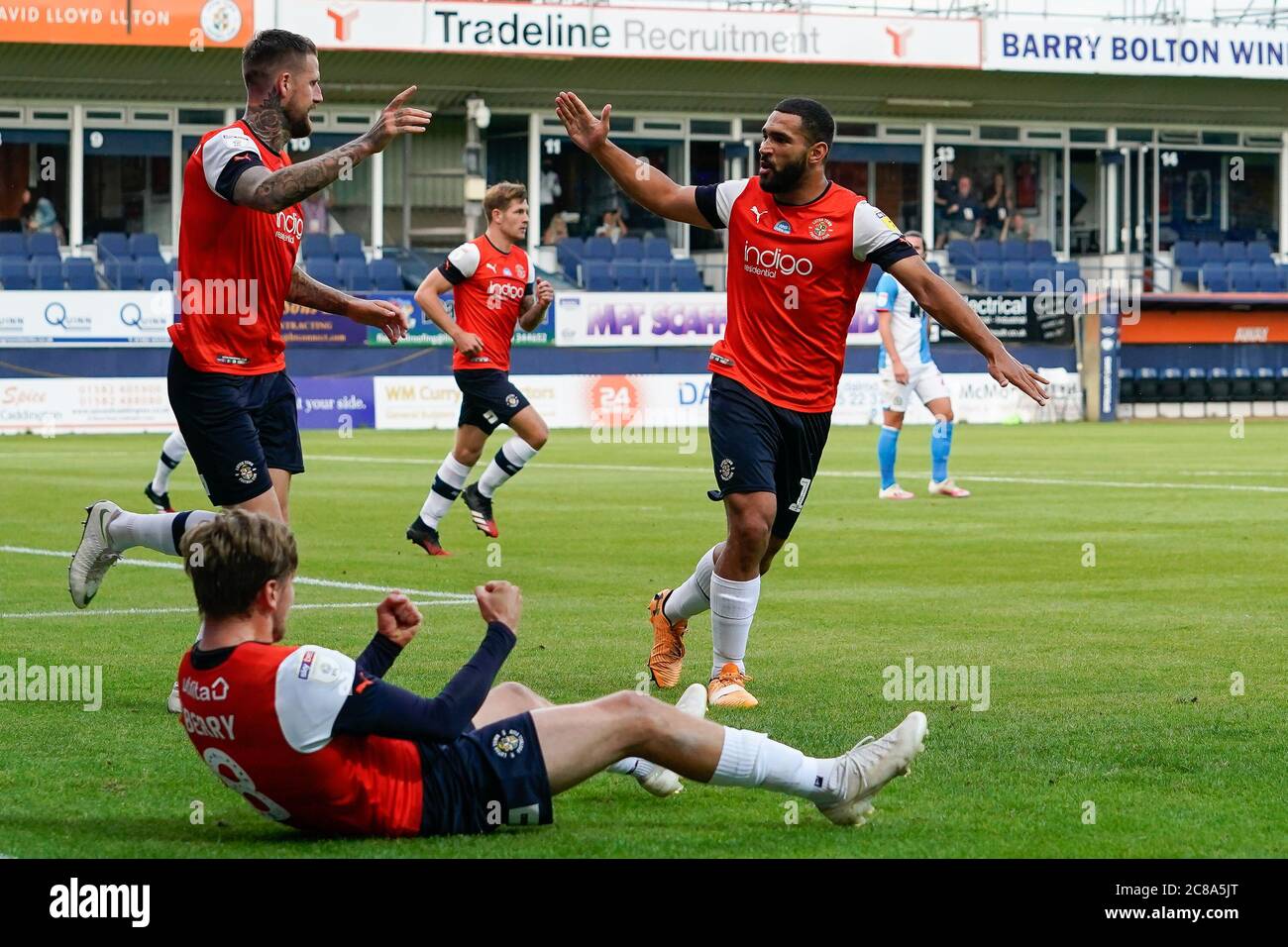 Sonny Bradley of Luton Town (left) celebrates with Cameron Carter ...