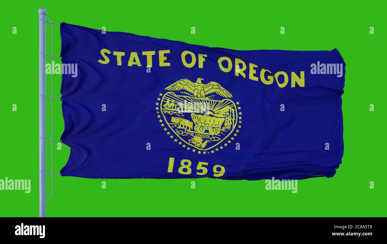 State flag of Oregon waving in the wind against green screen background ...