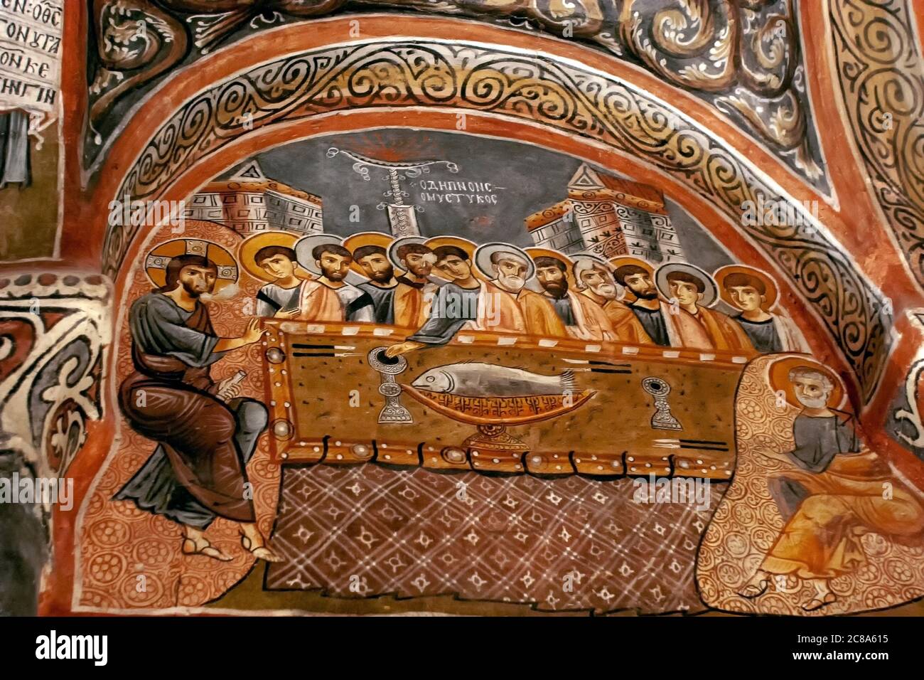 Early christian frescoes in ancient cave church, jesus' last supper ...