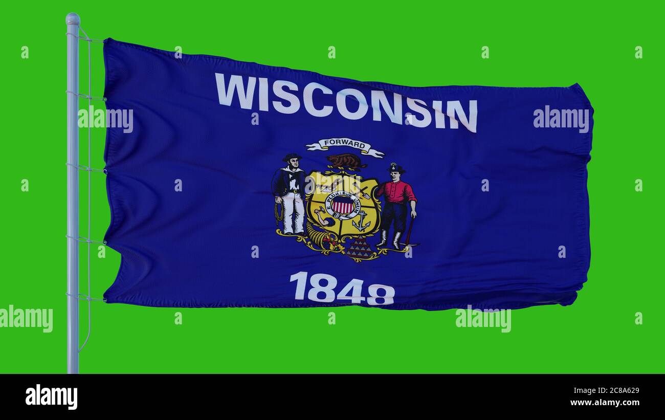 State flag of Wisconsin waving in the wind against green screen ...