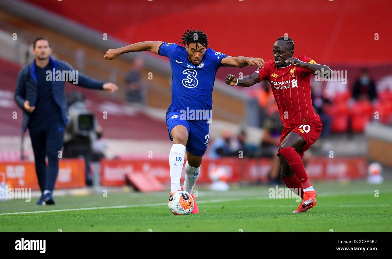 Chelsea's Reece James (left) and Liverpool's Sadio Mane battle for the ...