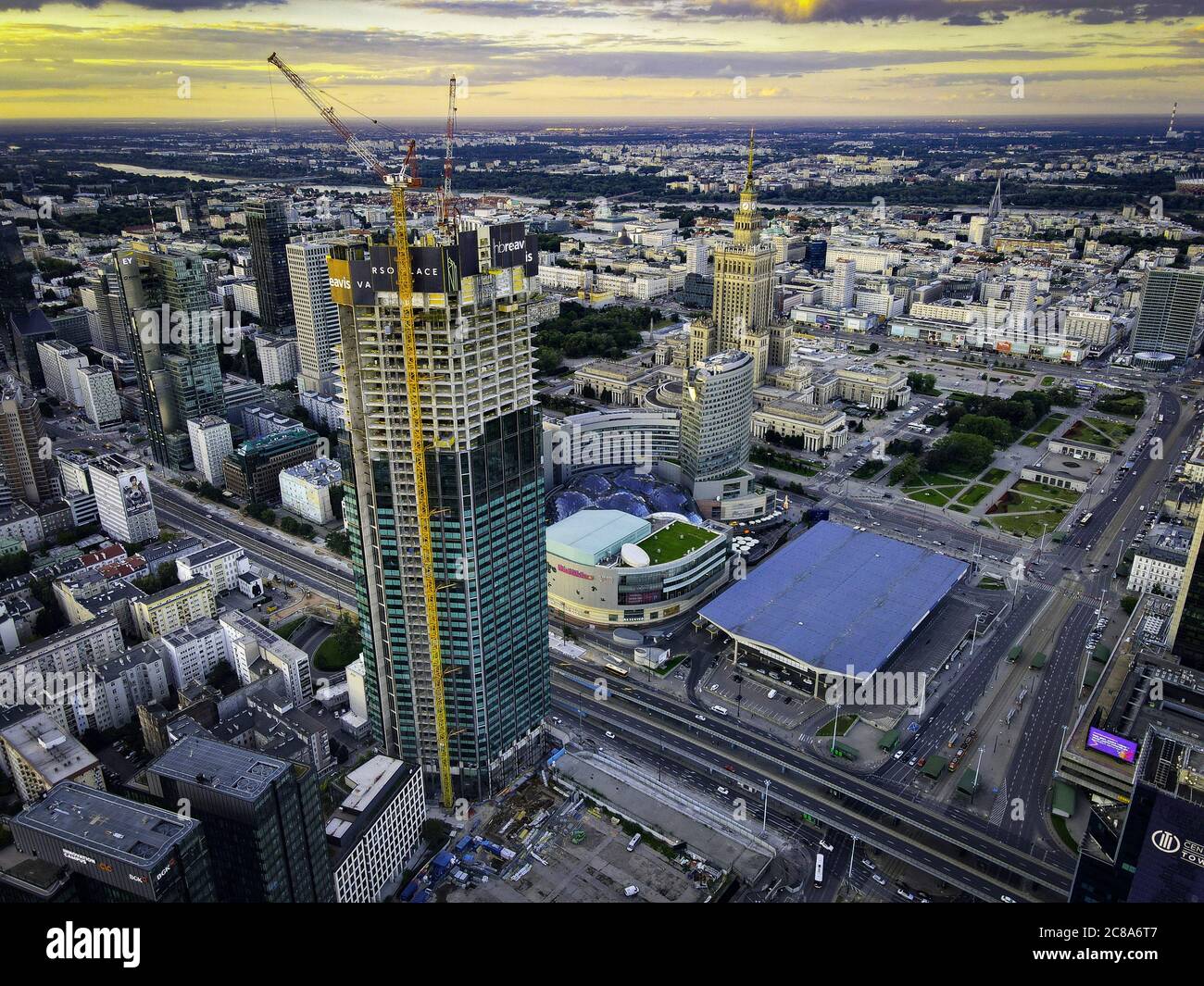 An aerial view is seen of the city center with the Varso tower under ...