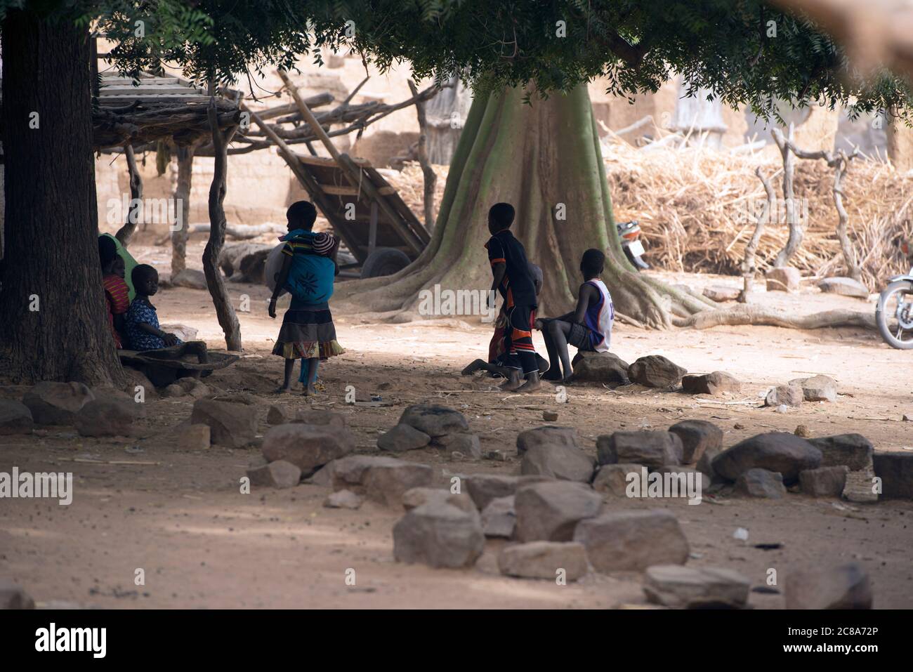 Indigenous Dogon children playing a game in the shade of trees. Mali ...