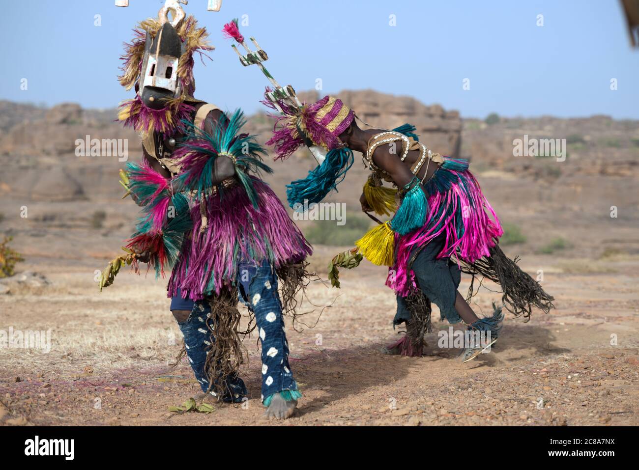 A group of Dogon men performing a ritual tribal masked dance ceremony ...