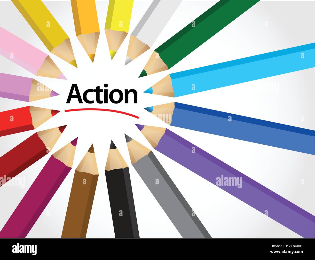 Action sign around pencil colors illustration design over a white ...