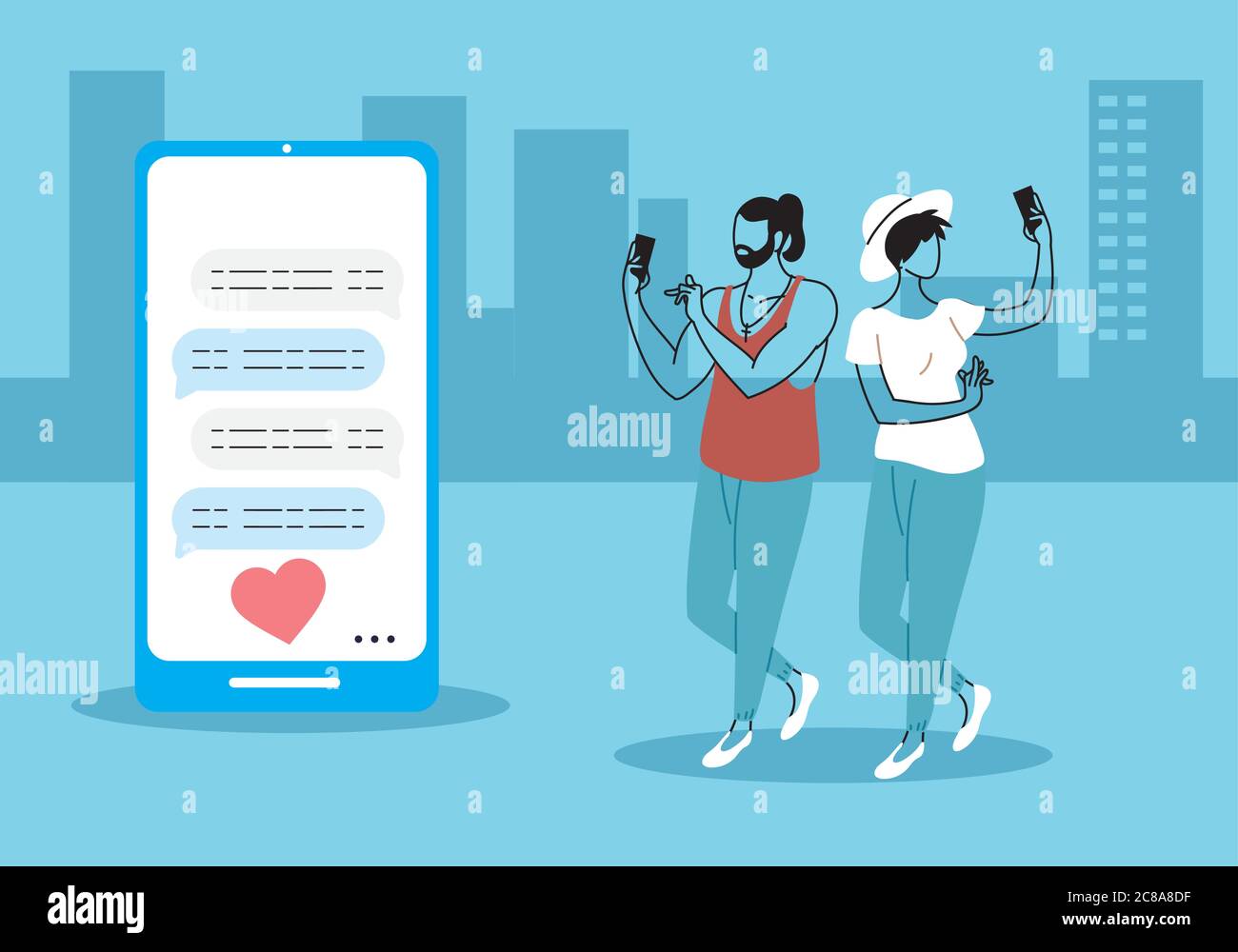 Young couple in love texting on the cell phone vector illustration ...