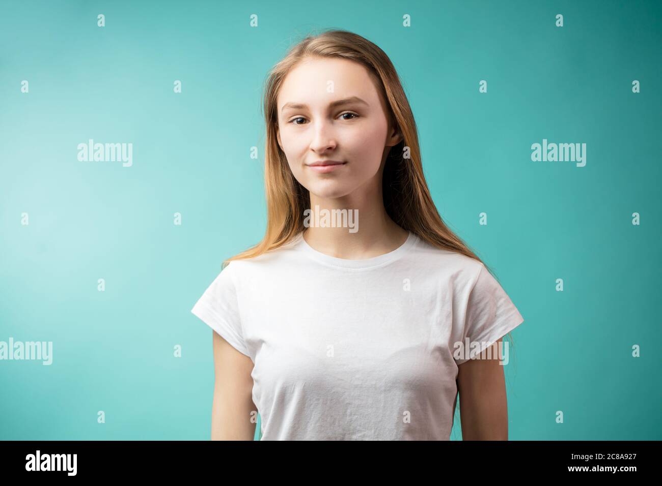 Young natural looking woman in different poses shows different emotions ...