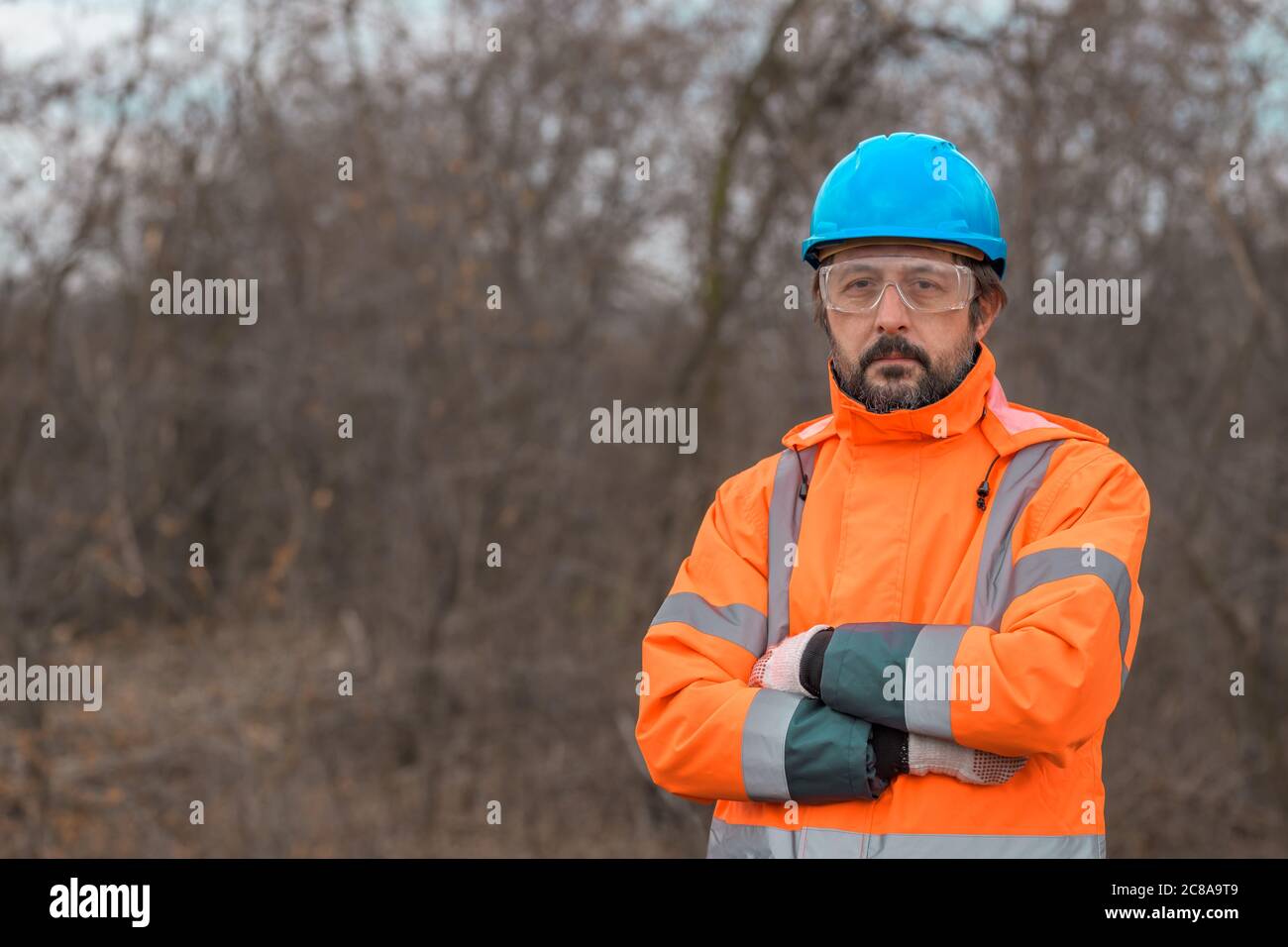 Portrait of confident forestry technician in woodland. Adult ...