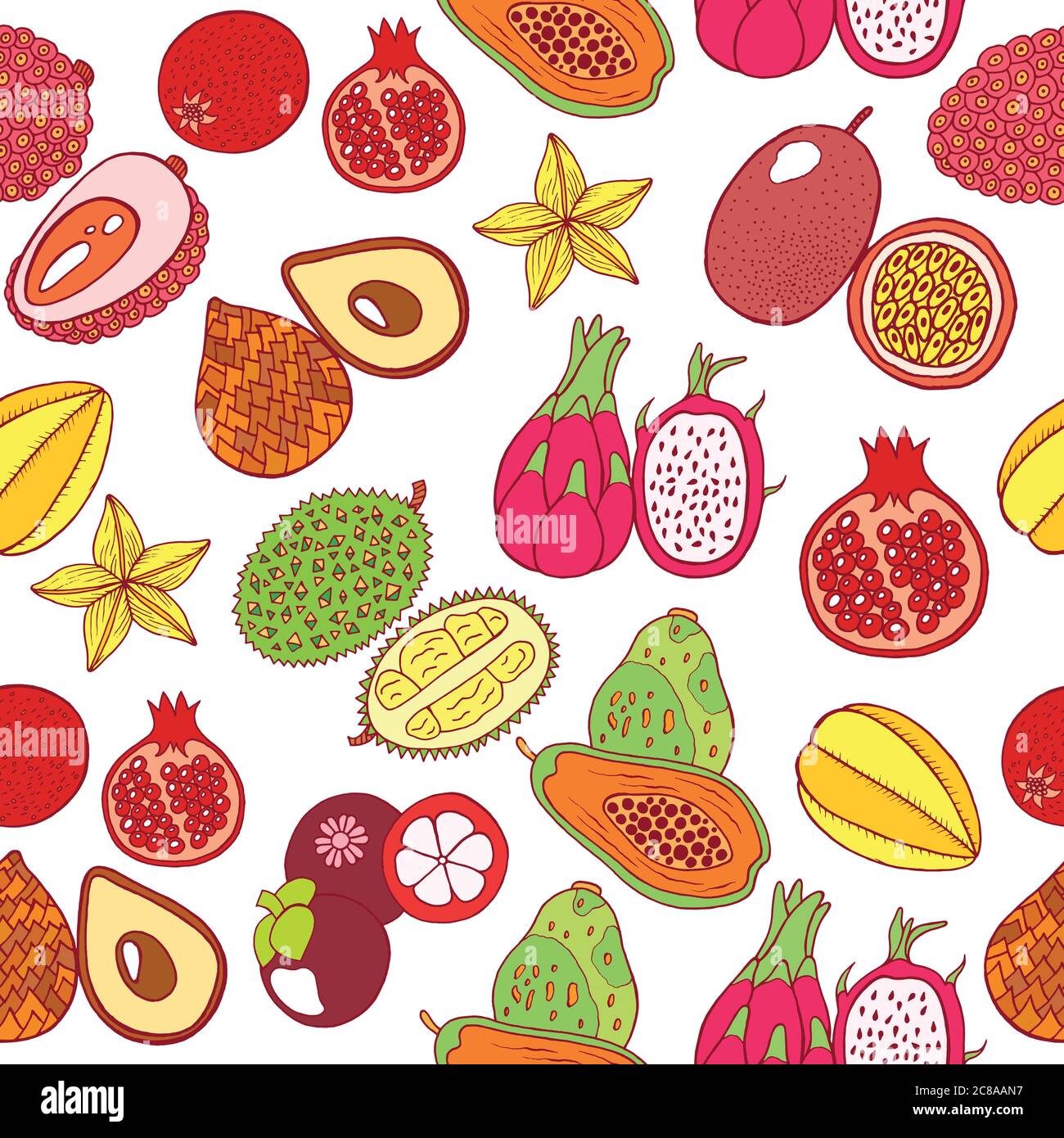 Seamless hand drawn pattern with tropical exotic fruits. Vector graphic ...