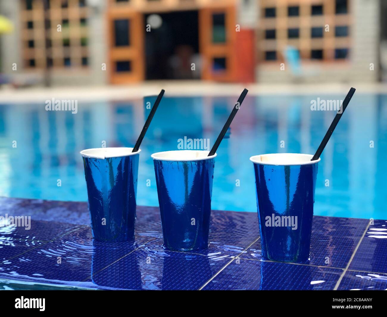 Beach background with many cocktails cups near swimming pool,Albania ...
