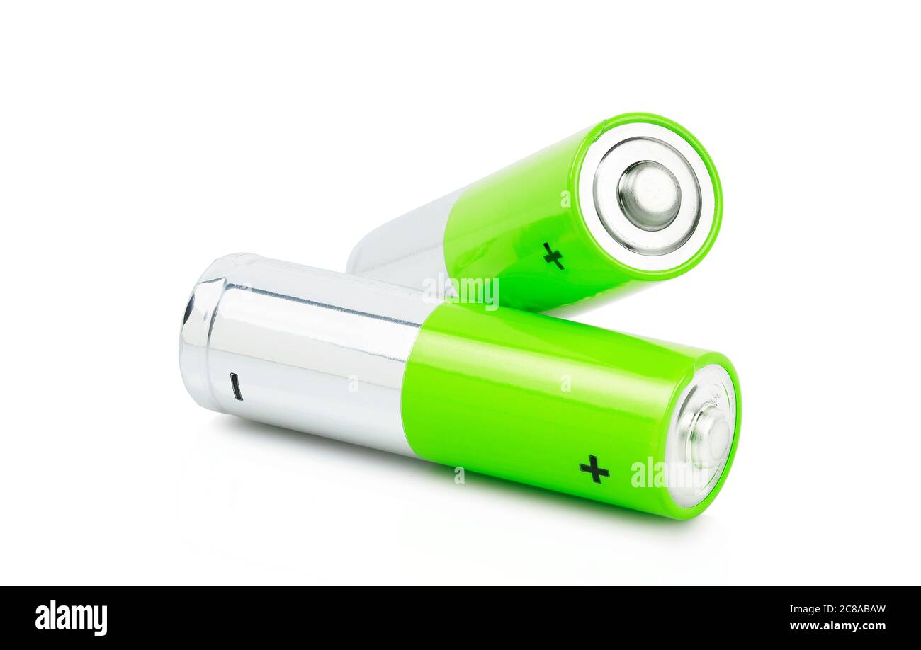 macro of two green batteries isolated on white Stock Photo - Alamy