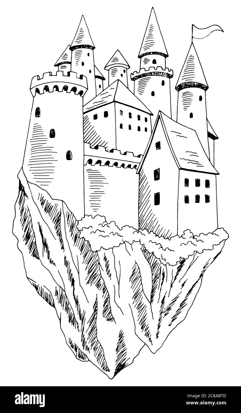 Flying castle graphic black white landscape sketch illustration vector ...