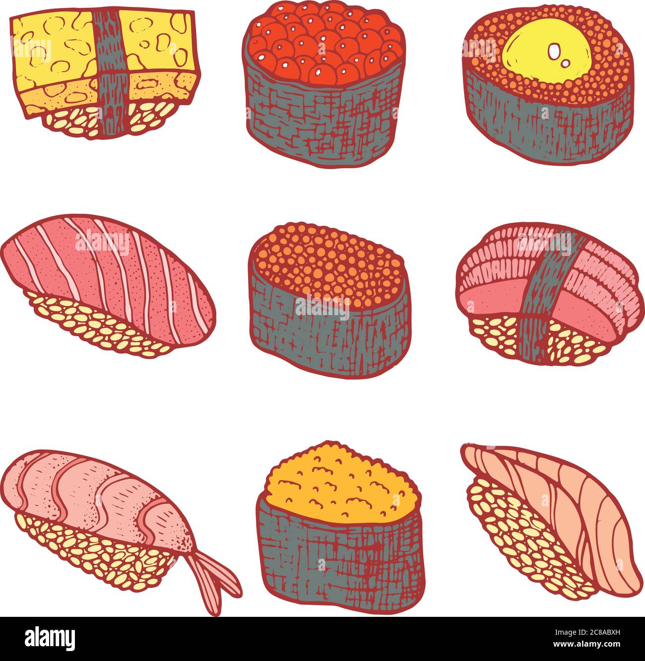 Sushi set collection. Coloring page for adult book. Vector doodle ...