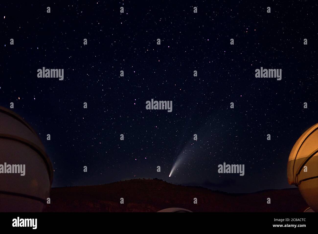 Neowise comet in starry sky, astronomical observatory, night ...