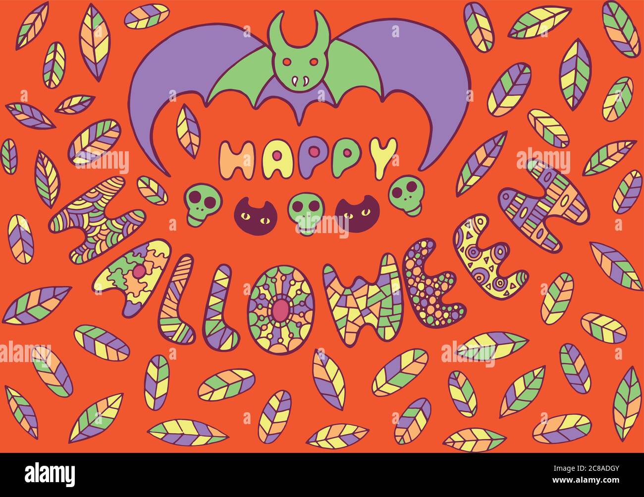 Greeting card for halloween with bat, skulls, cats, leaves and words ...