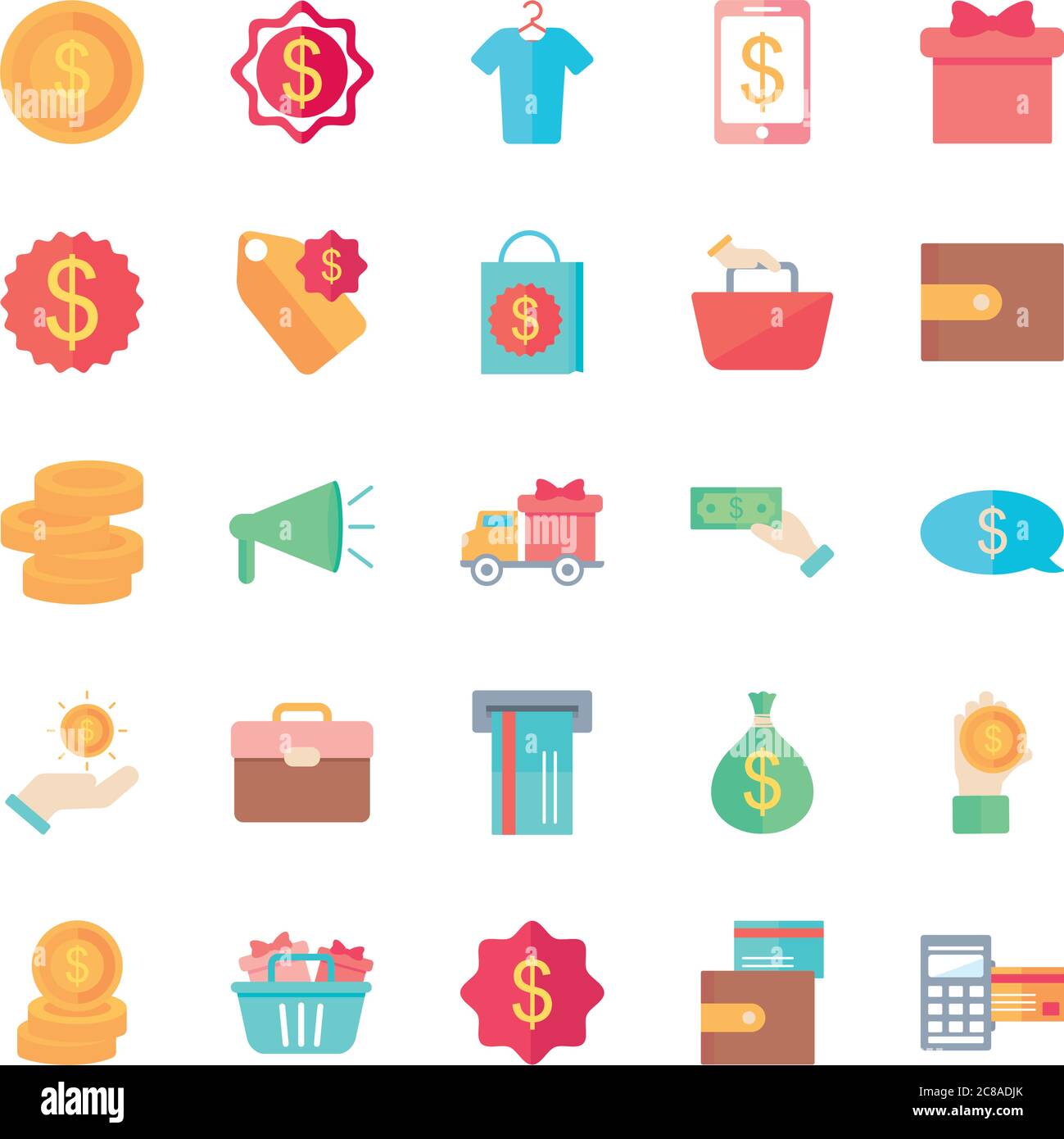 icon set of money and shopping over white background, flat style ...