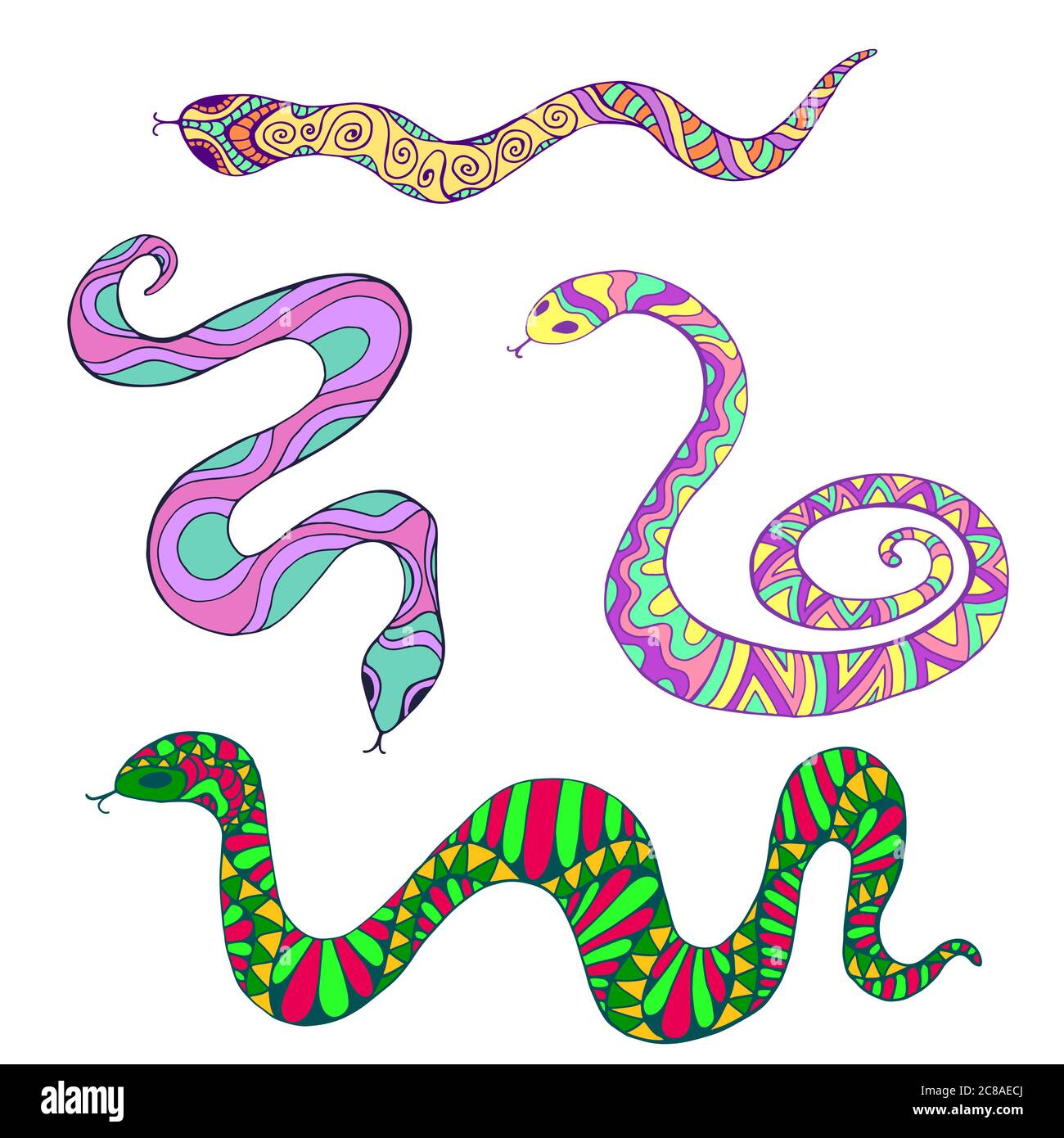 Collection of decorative colorful ethnic snakes, isolated on white ...