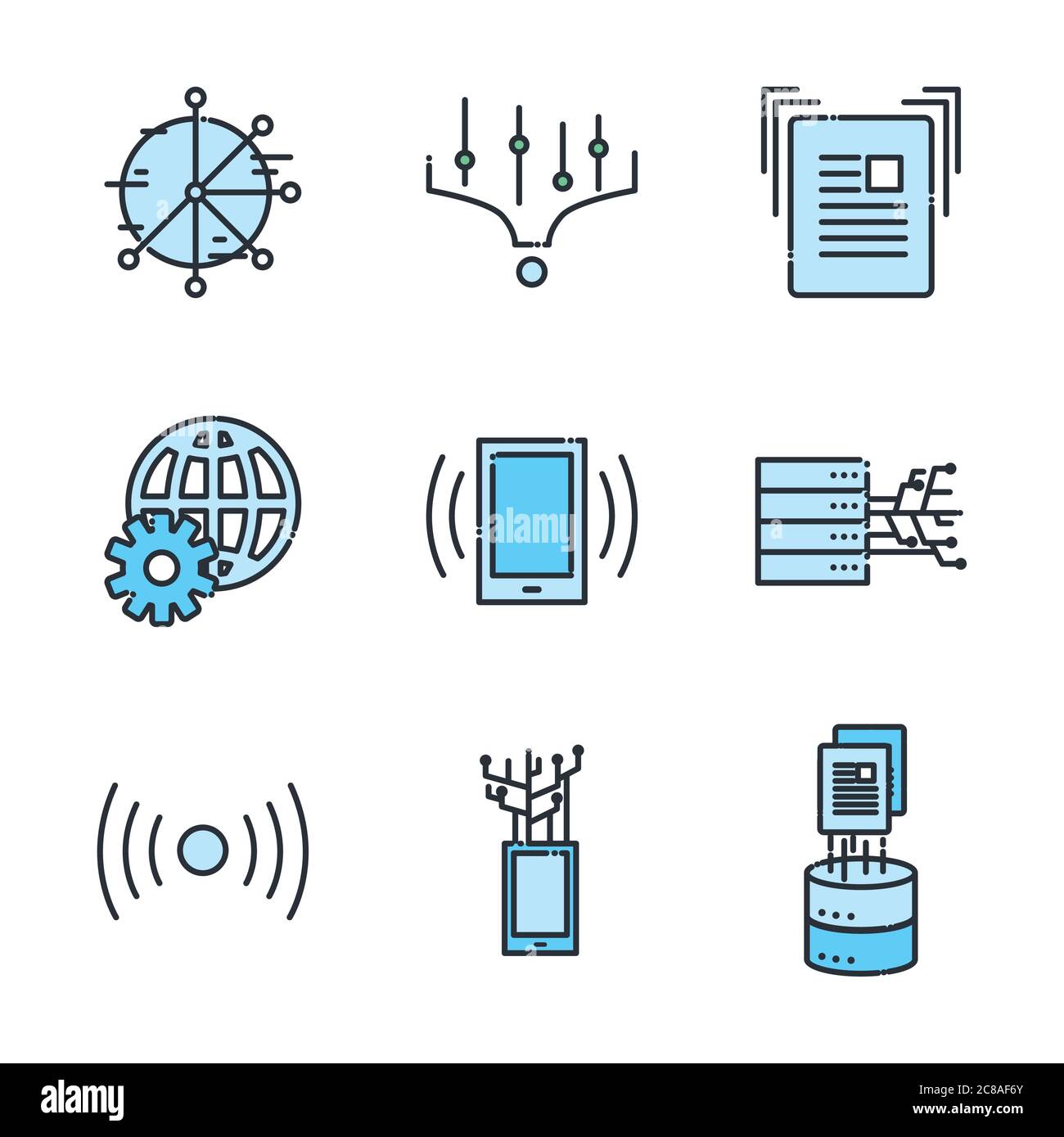 Big data line and fill style icon set design, Web hosting center base security system and ...