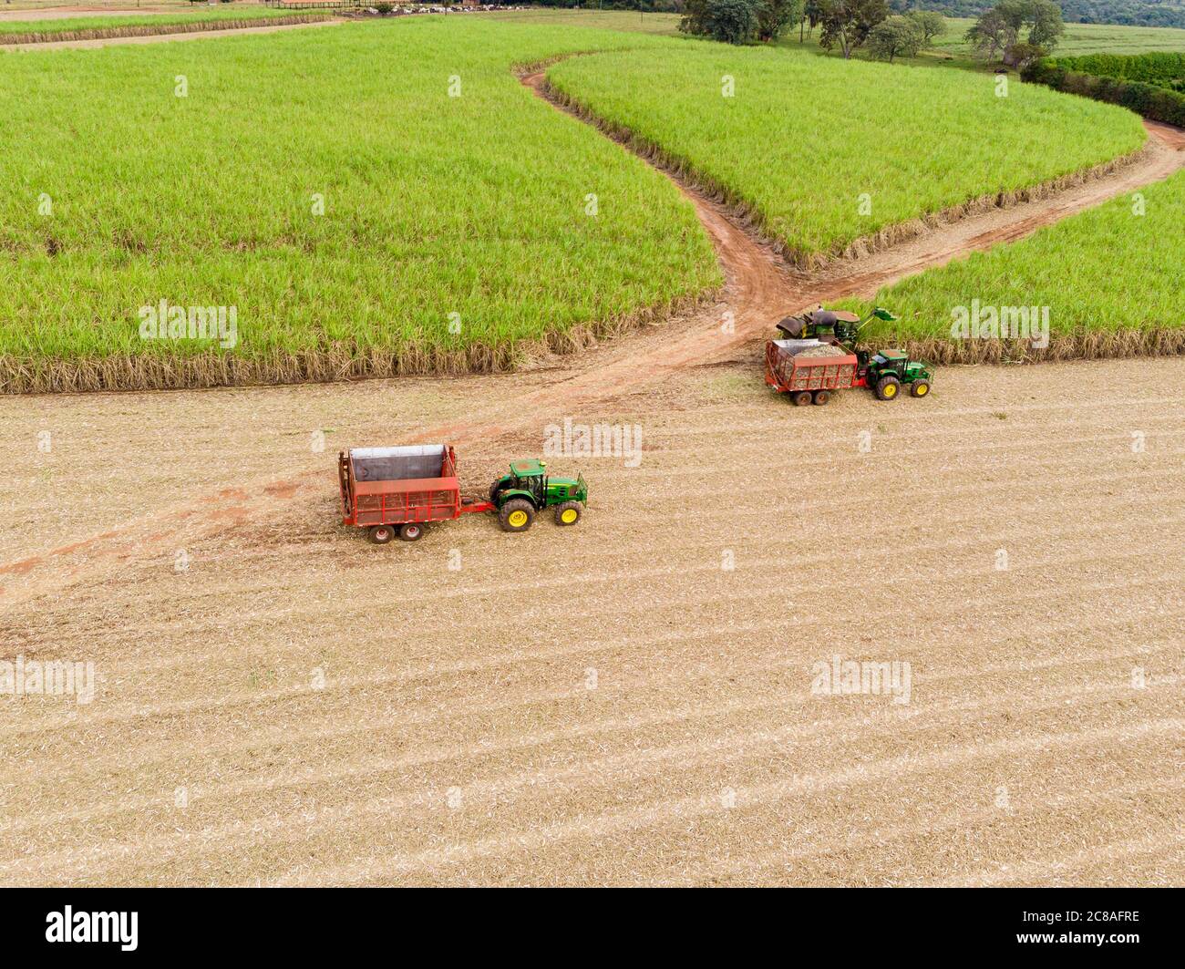 Aerial sugarcane field in Brazil. Tractor working, agribusiness Stock ...